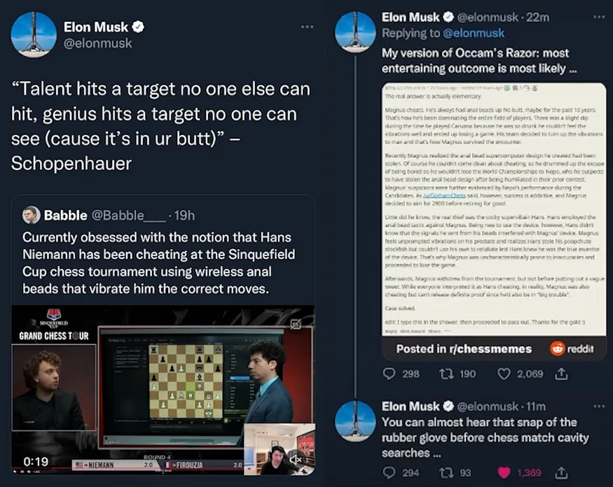 Elon Musk jumps in on the 'anal beads' chess championship conspiracy theory