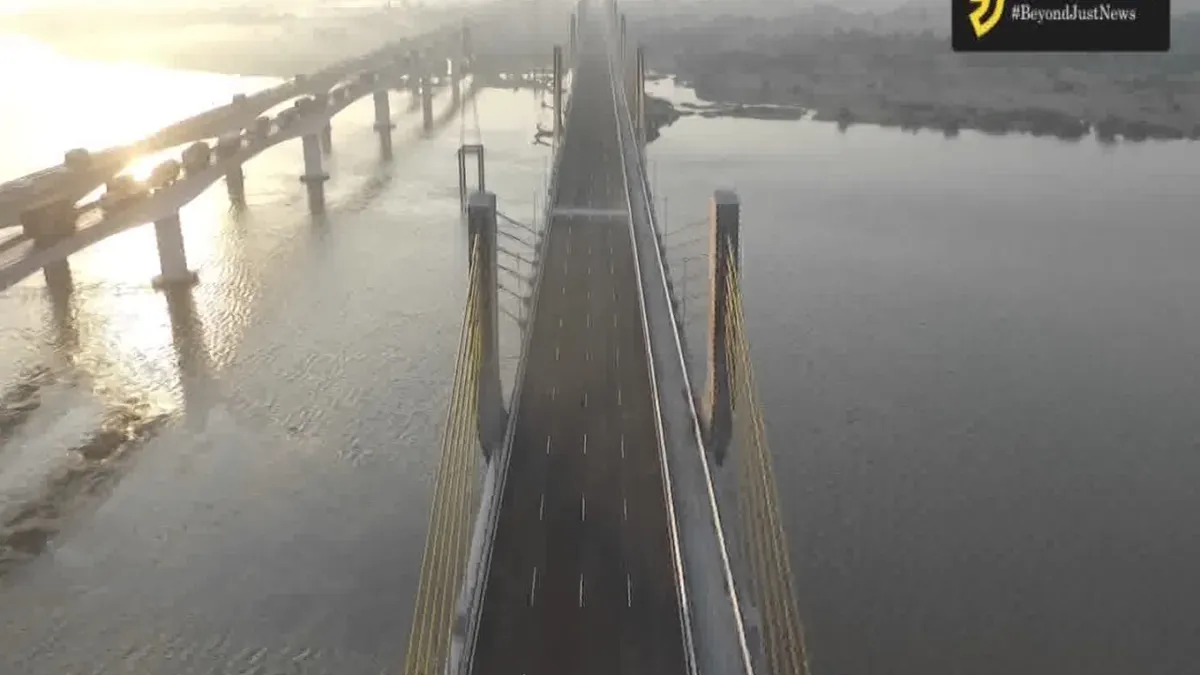 Day view of India's largest cable bridge on river Narmada : Bharuch