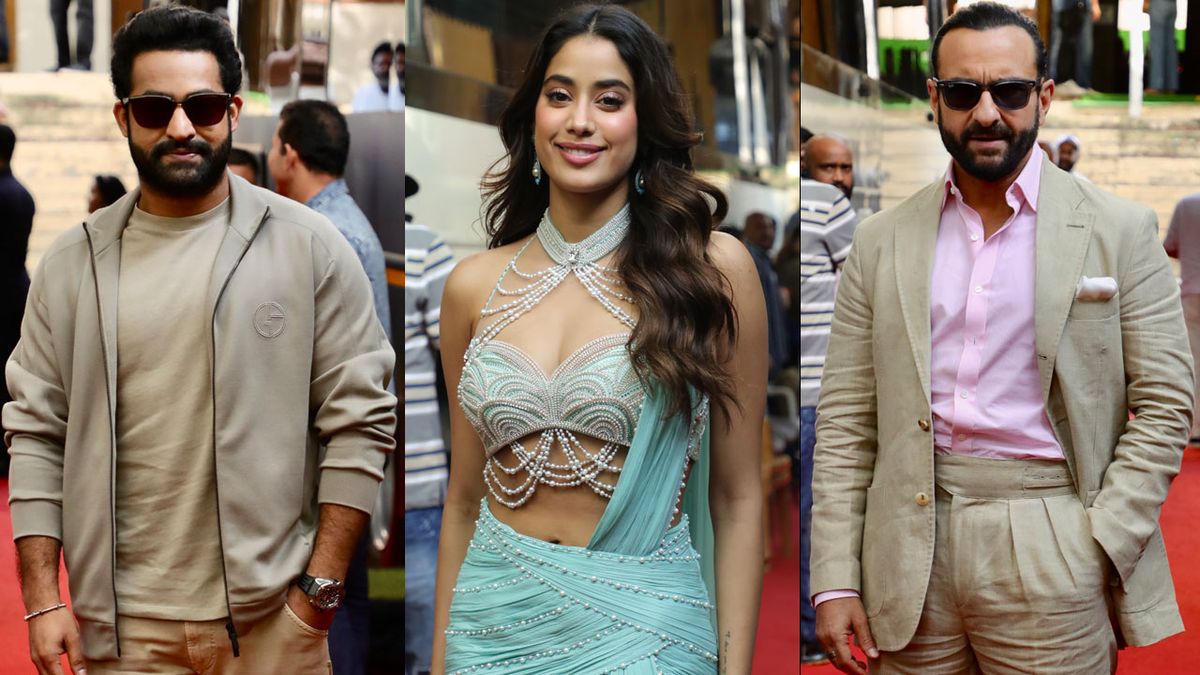 Jr. NTR, Janhvi Kapoor & Saif Ali Khan Pose During Devara Promotions - Dumoid.com
