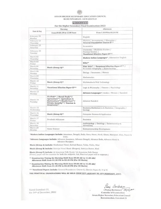 AHSEC HS 2nd Year Examination Routine 2023 Released Today– Download now ...