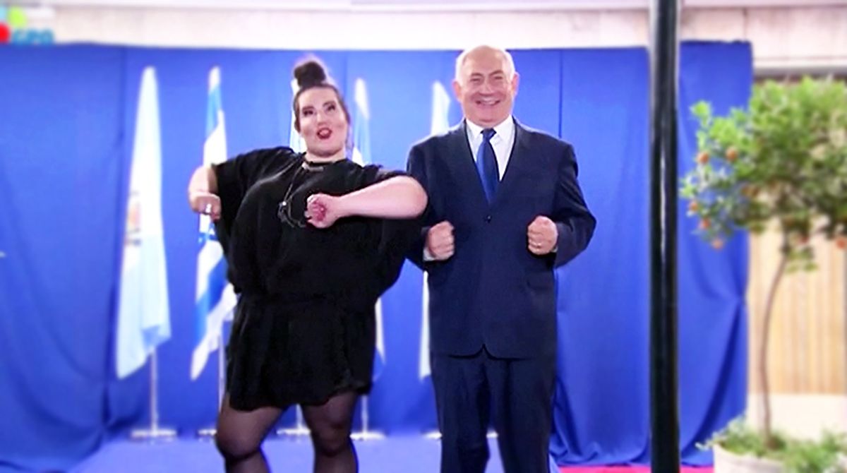 Netanyahu does the "chicken dance" with Israeli Eurovision winner