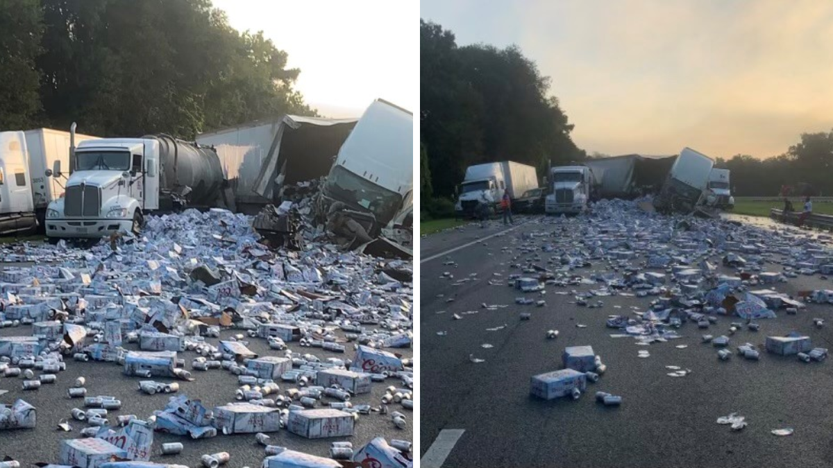 Thousands of beer cans block Florida highway for hours after trailers crash