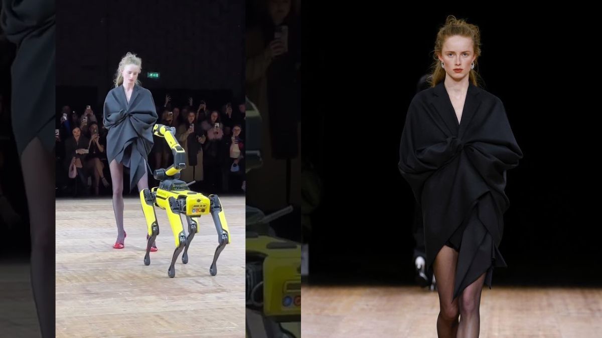 Robot dog reveals model's outfit at Coperni show during Paris Fashion ...