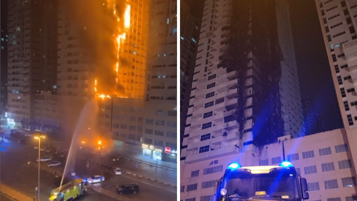Watch: Massive fire engulfs high-rise building in UAE