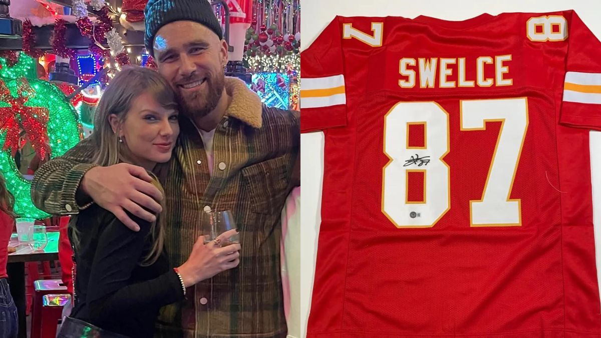 Taylor Swift's beau Travis Kelce signs custom 'Swelce' jersey for ...