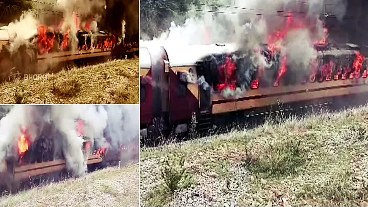 VIDEO: Running train catches massive fire in India's Telangana, four ...