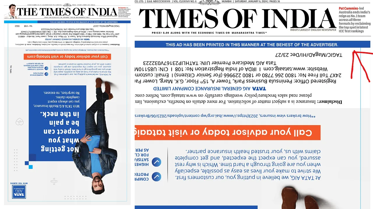 TOI flips its front page, again; ensures the advert disclaimer is ...