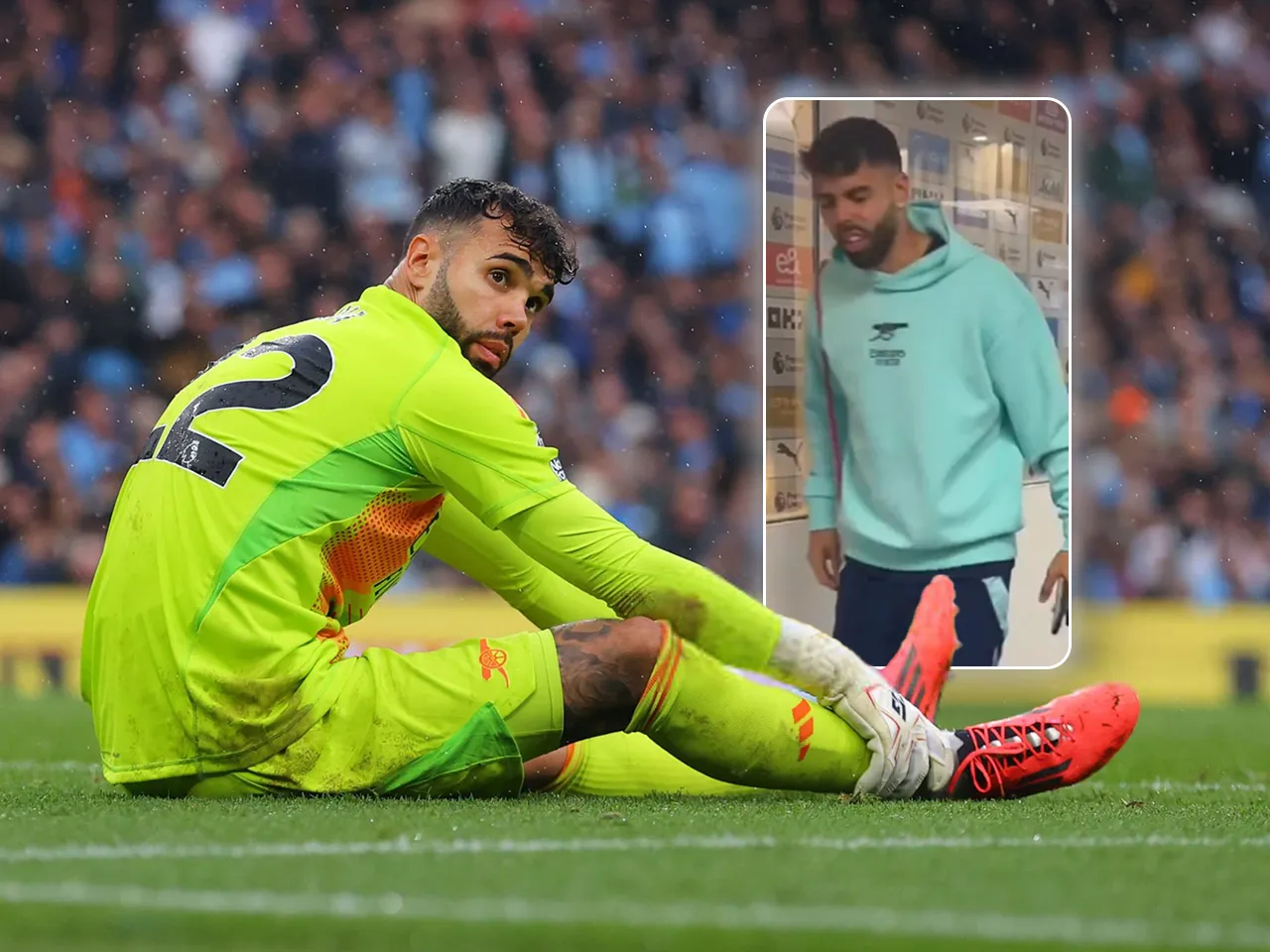 WATCH: David Raya in serious pain as he limps out of Etihad stadium