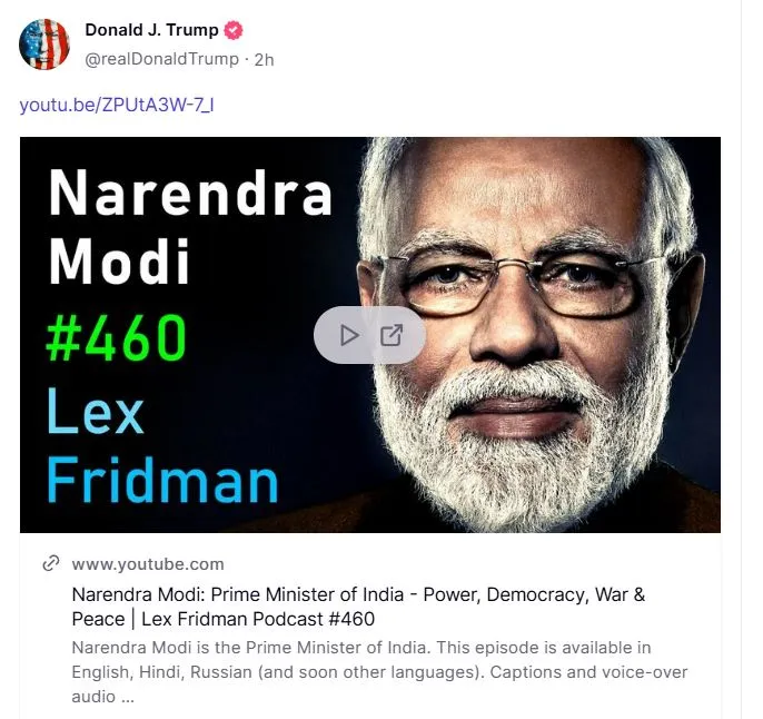 'We connect so well': Trump shares Modi's podcast on Truth Social after ...